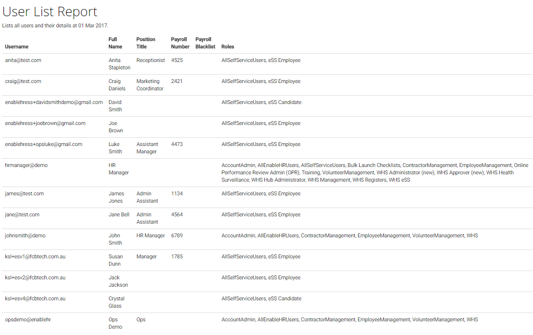 User List Report – enableHR