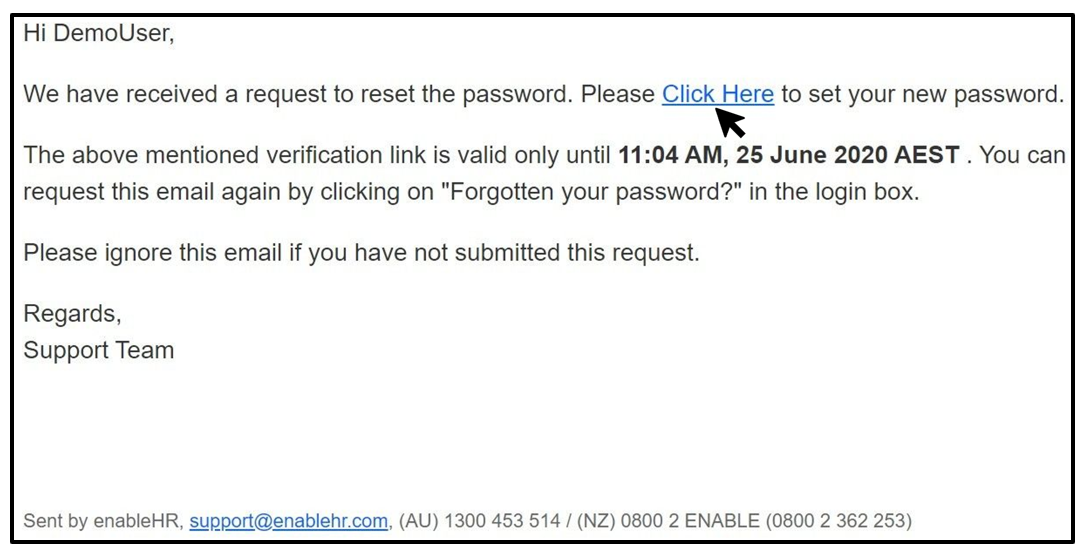 User: How to reset your core enableHR User password – enableHR