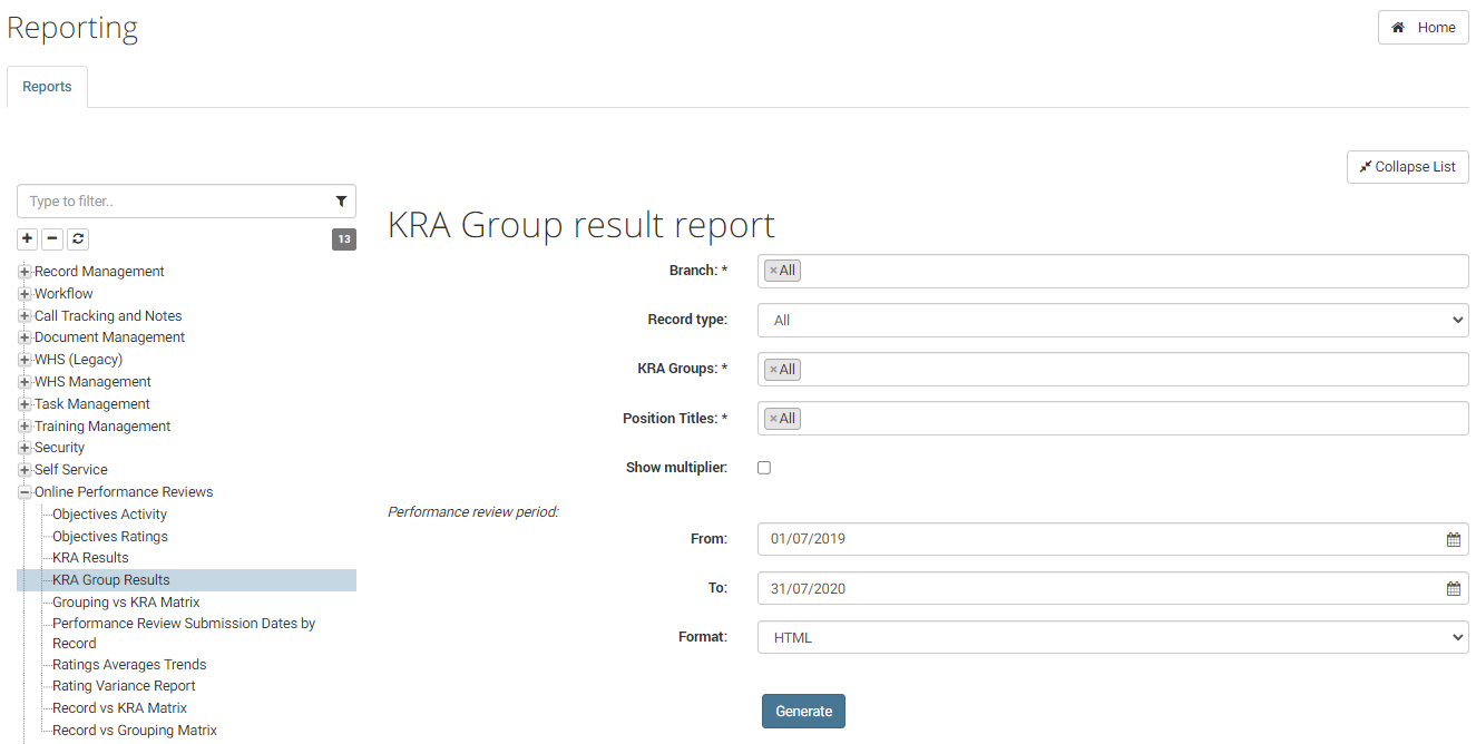 KRA Group Results Report - Online Performance Review – enableHR